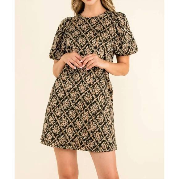 THML | Dresses | New Thml Short Puff Sleeve Pattern Dress In Black ...